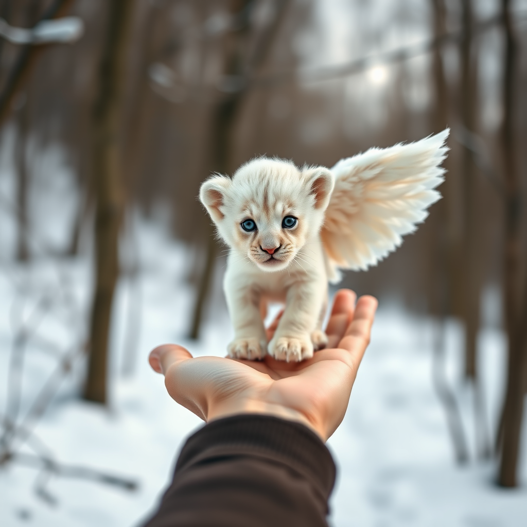 A Whimsical Scene of a White Lion Cub with Wings in Nature.