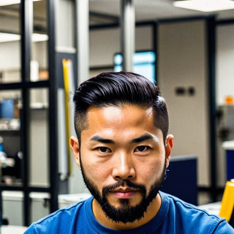 mixed asian man with beard at work low haircut