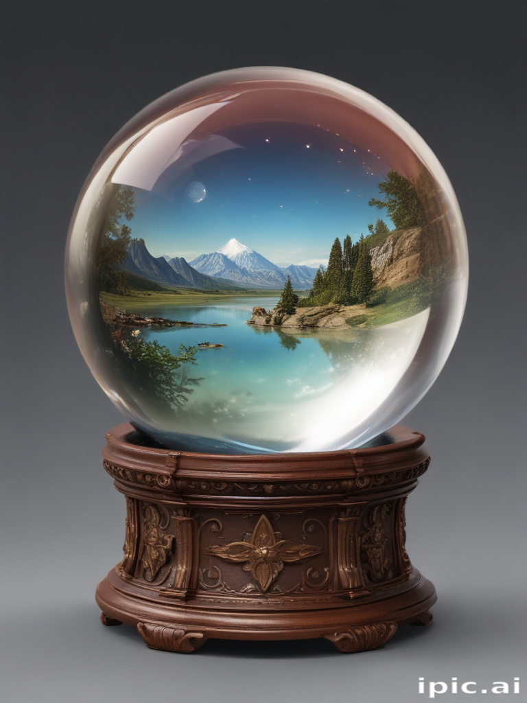 Enchanting Snow Globe Featuring a Serene Mountain Lake Landscape Scene