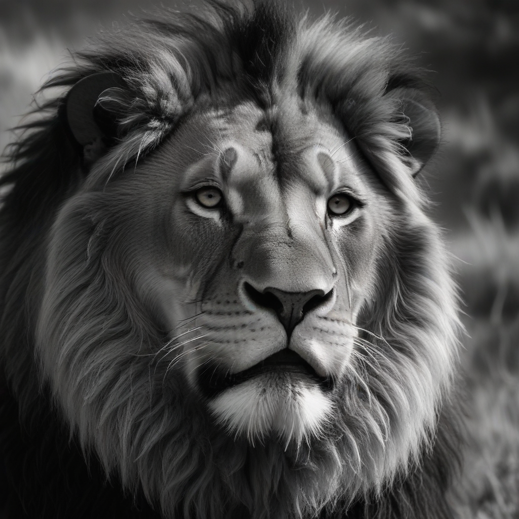 A Majestic Black and White Portrait of a Calm Lion's Face.