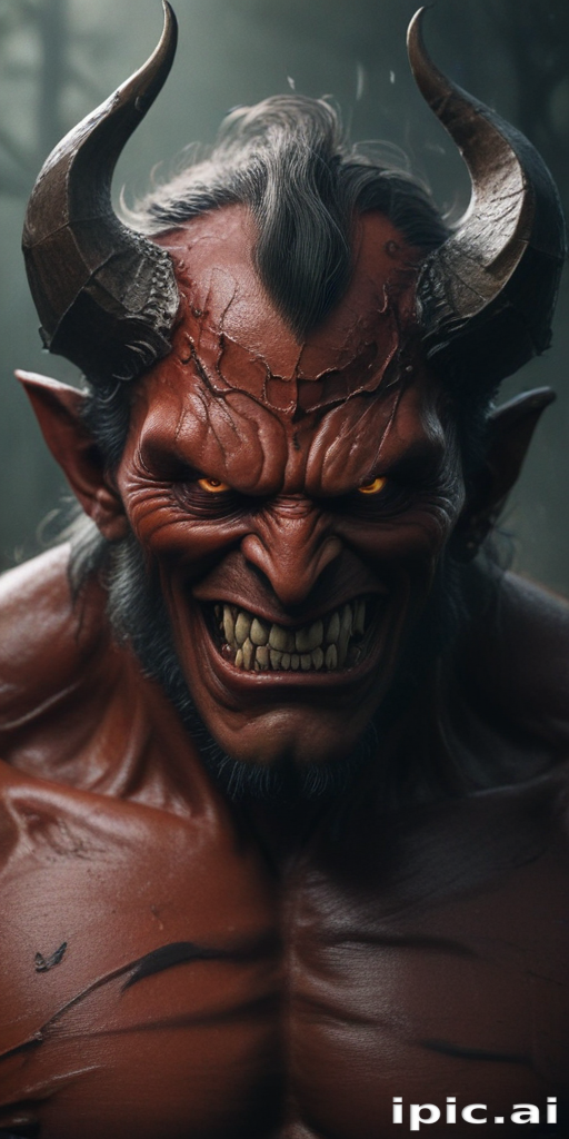 Fierce Demon with Horns and Intimidating Grin Amidst Dark Forest