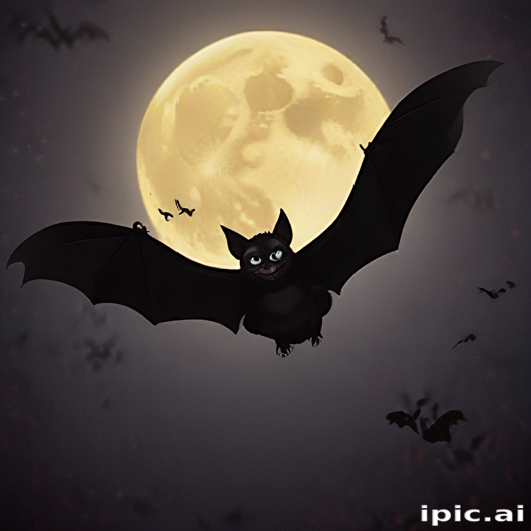 Whimsical Bat with Big Eyes Soars Against a Full Moon Background