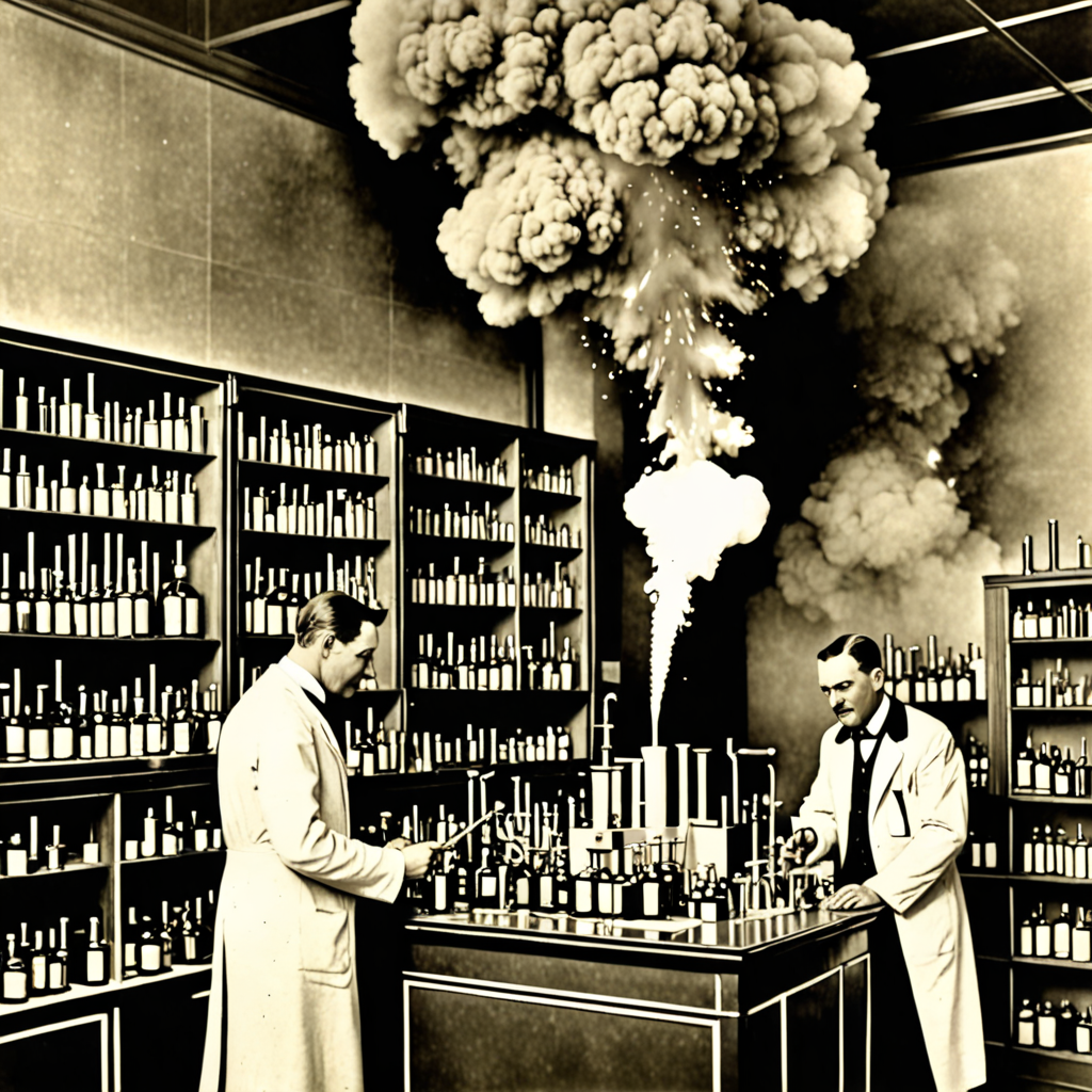 Art deco streamline chemist in laboratory explosion burning poster