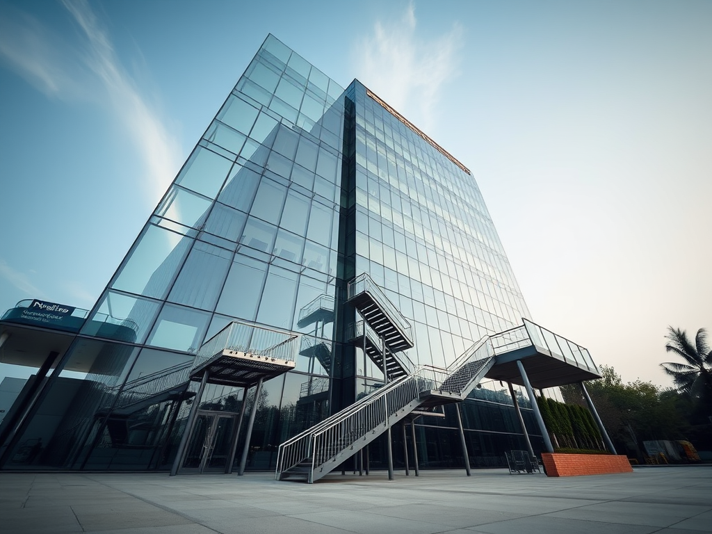 Modern Glass Building with Stylish Staircase and Clear Blue Sky Above