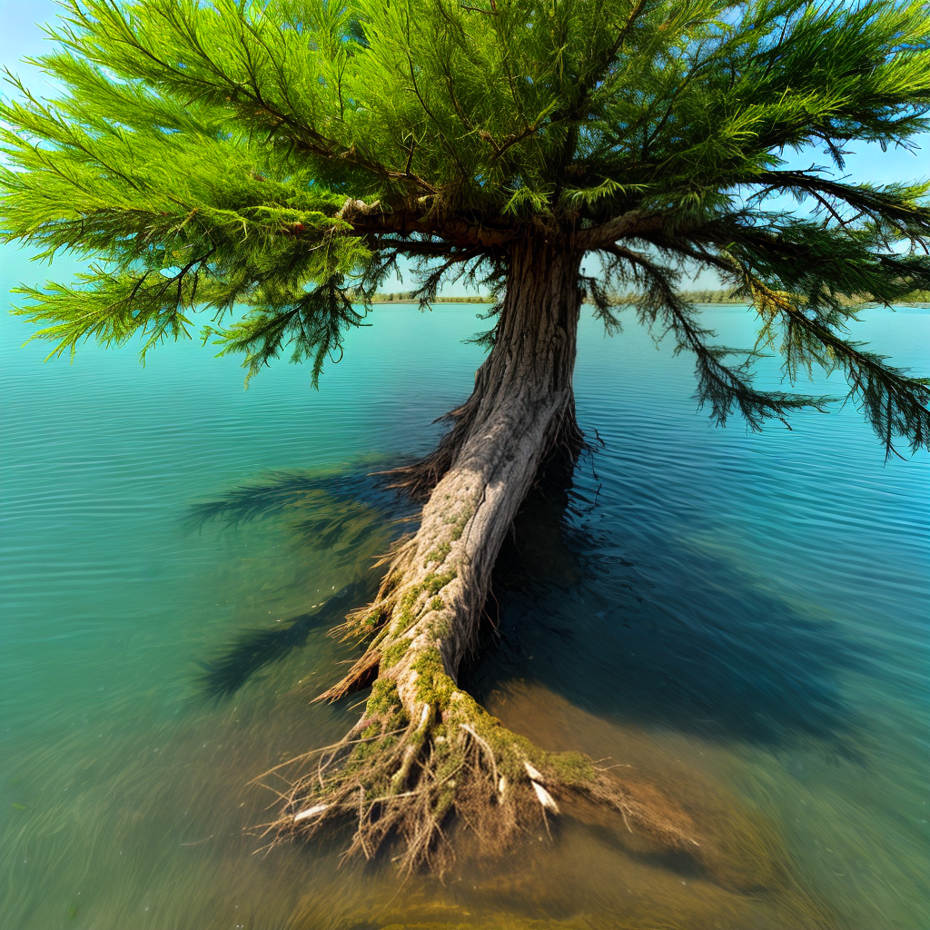 A Cedar tree planted by water and its roots seeping through the ground
