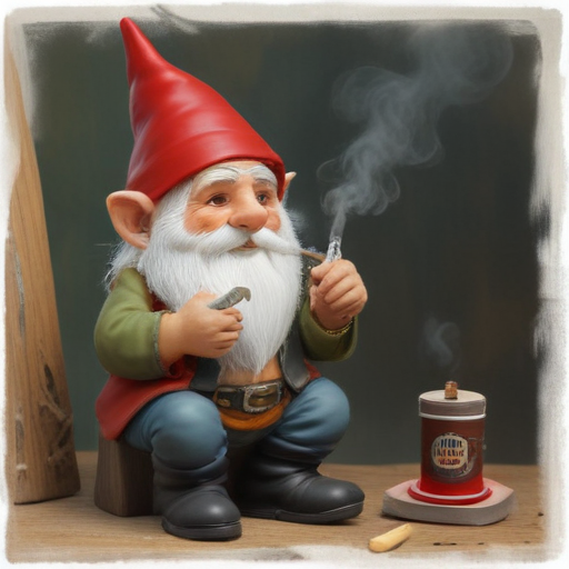 a gnome, listening to records while smoking a joint