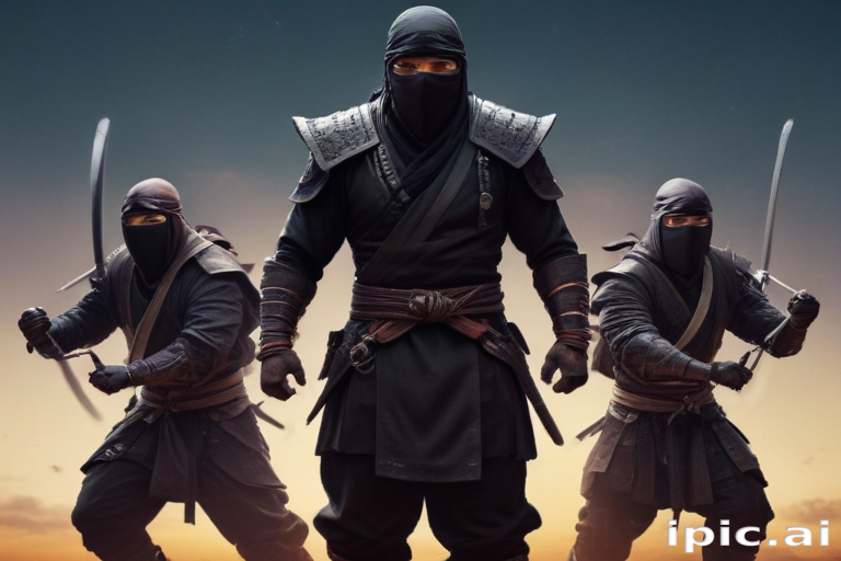 Three Stealthy Ninjas Preparing for an Epic Adventure Under a Sunset Sky