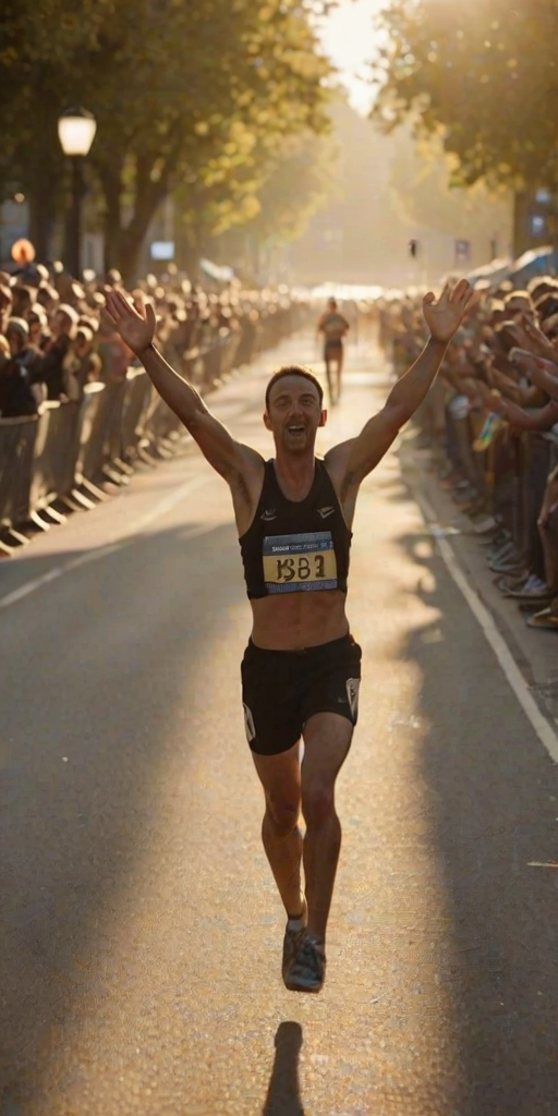 Runner Celebrates Victory with Joyful Expressions at the Finish Line