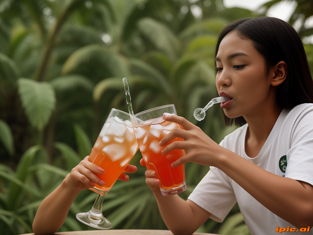 Two Friends Enjoying Refreshing Drinks Together in a Lush Tropical Setting