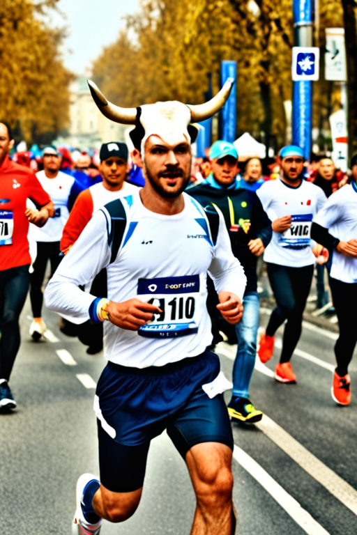 Man with cow head running at the marathon of Belgrade together with all ...