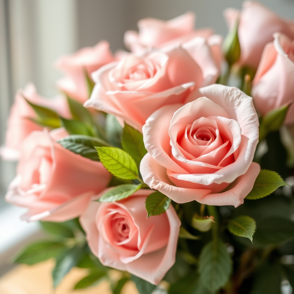 a bouquet of soft pink roses with delicate green leaves, captured in ...