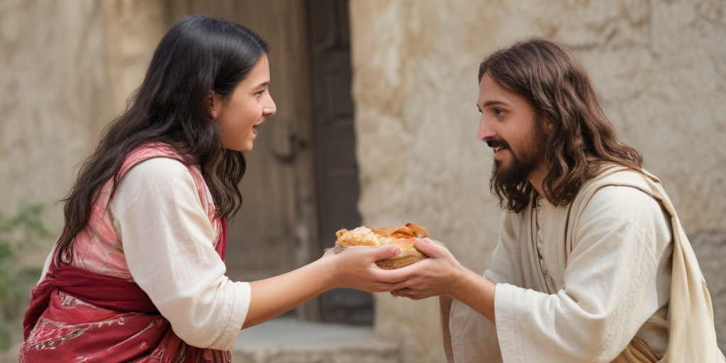 Jesus Christ giving food to a poor girl