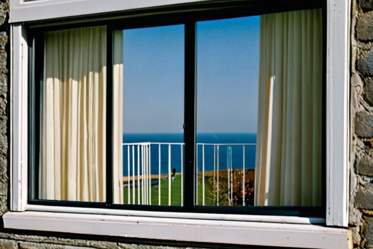 an external straight at camera shot of a residential window with closed ...