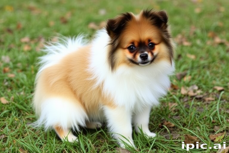 A Fluffy Pomeranian Dog Playfully Posing on a Green Grass Field.