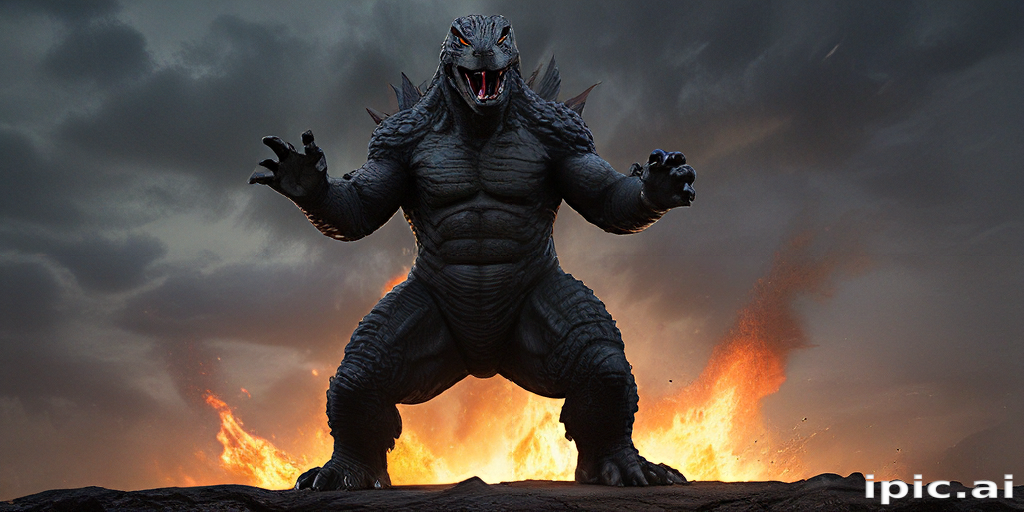 Epic Battle of Giant Monster Godzilla Against a Fiery Volcano Backdrop