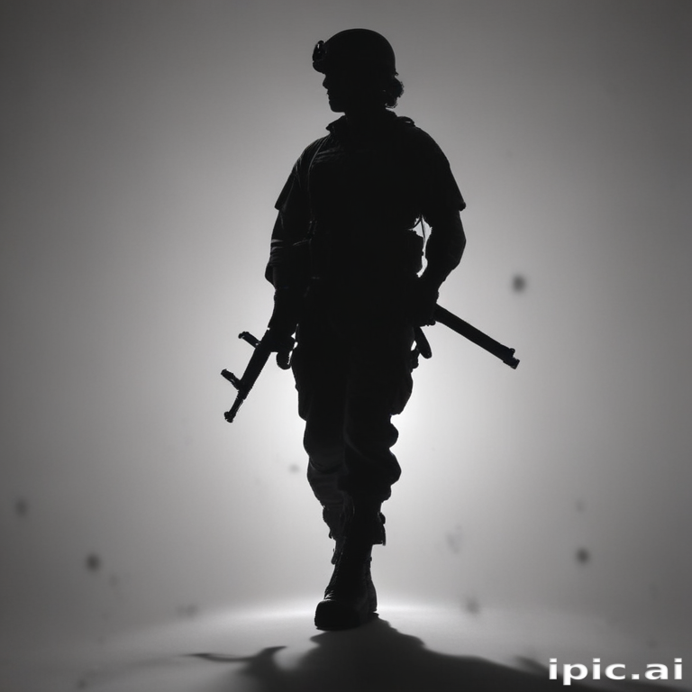 Silhouetted Soldier Holding Weapons Against a Bright Background in Shadow
