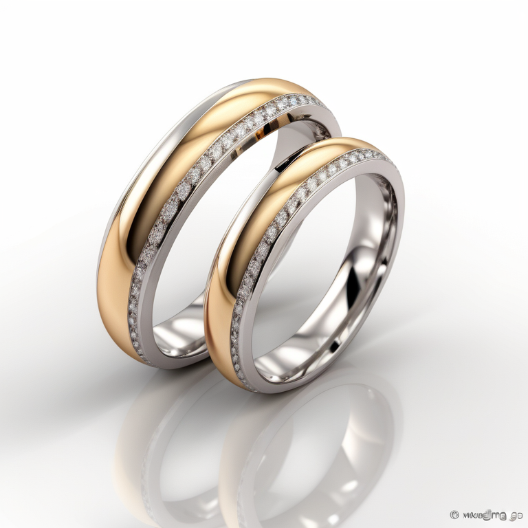 Elegant Gold and Silver Wedding Bands with Diamonds Reflecting Light
