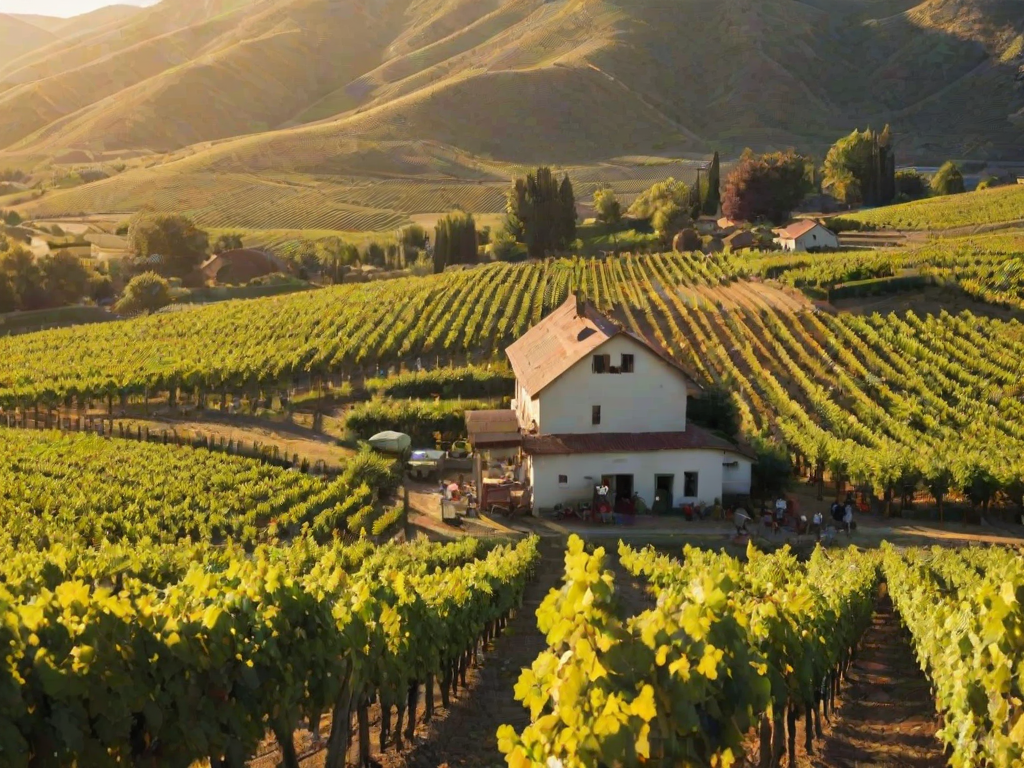 Serene Vineyard Landscape at Sunset with Rolling Hills and Rustic Home