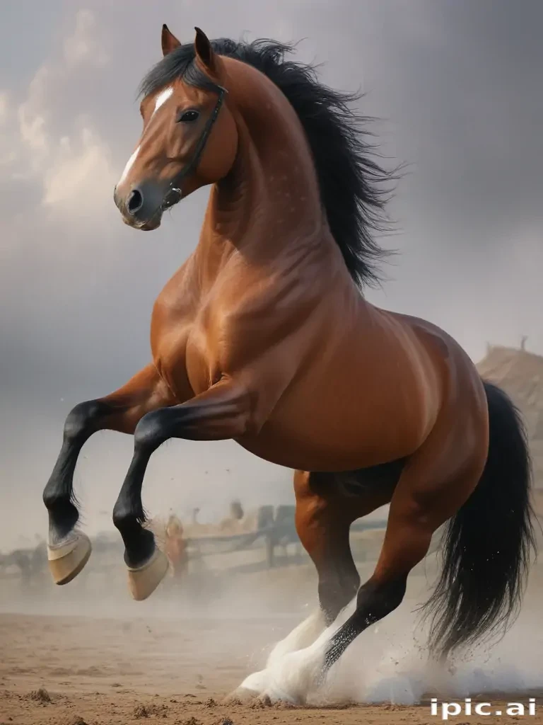 Majestic Brown Horse Rearing Up in a Dusty Field at Sunset.