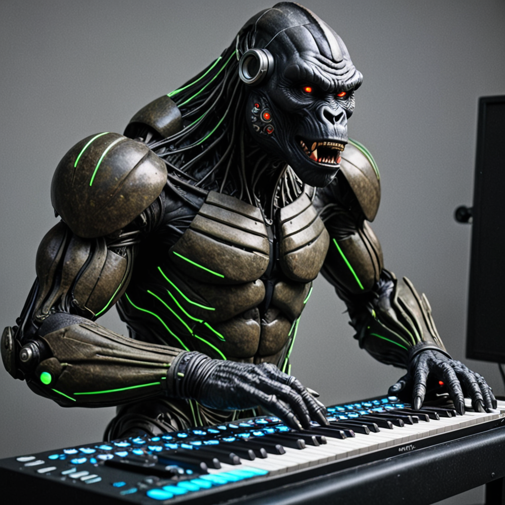 drumming neon colossus cyber gorilla alien with huge fangs x-ray eyes ...