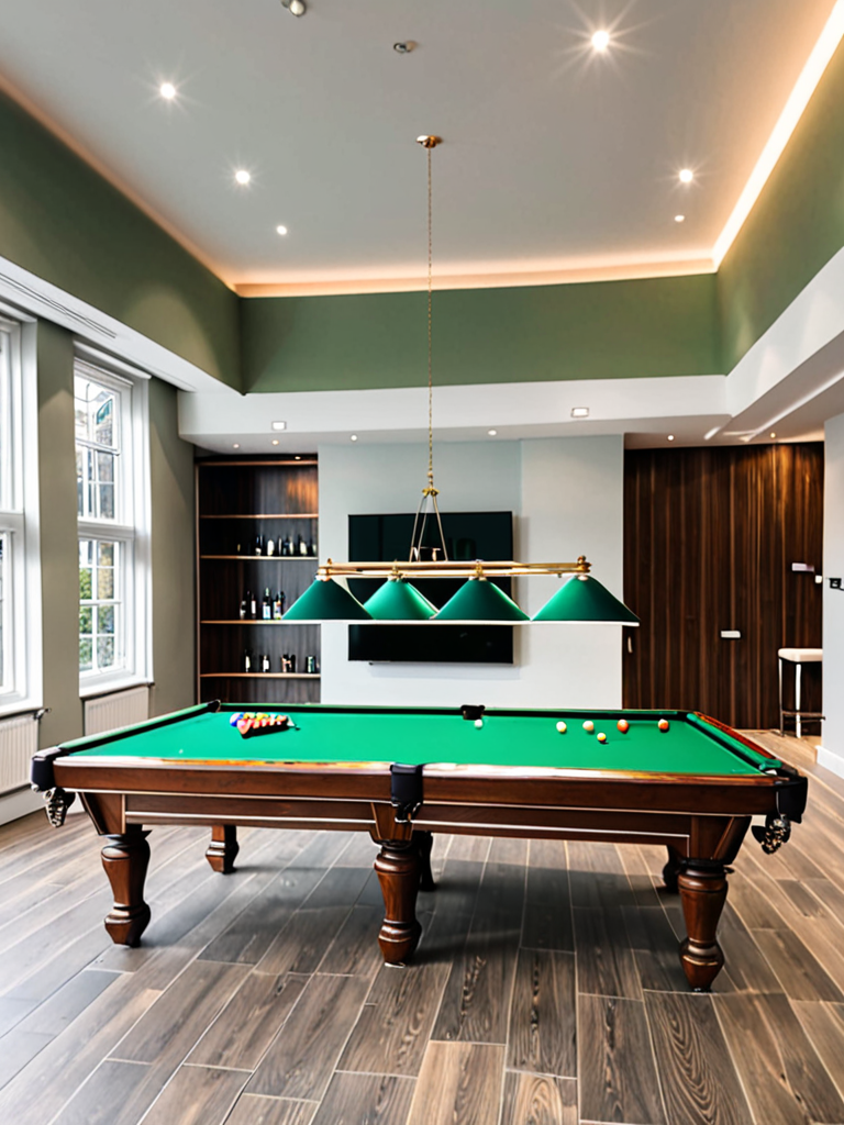 layout pool bar with 3 green pool tables 1 brown snooker table, desks ...