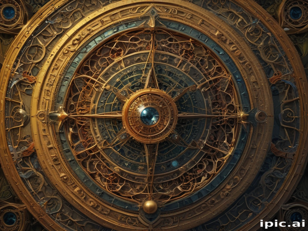Intricate Celestial Compass Design with Ornate Patterns and Golden Details