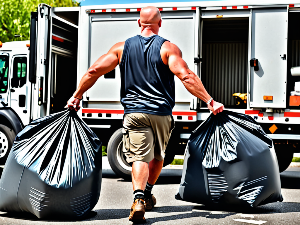 realistic handsome bald older muscular garbagemen from behind carrying ...