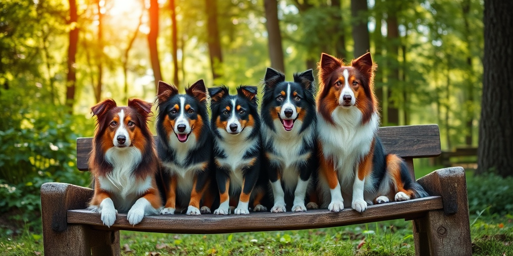 Five Happy Dogs Sitting Together on a Bench in a Sunny Forest.