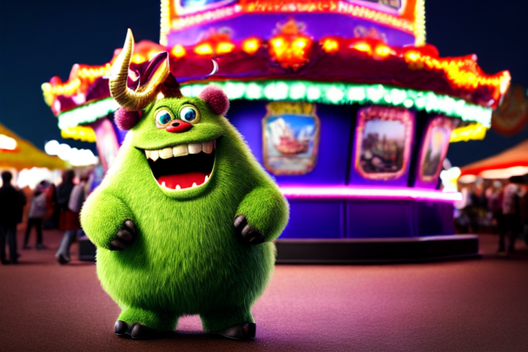 fluffy cute fat monster with horns in a fairground at night