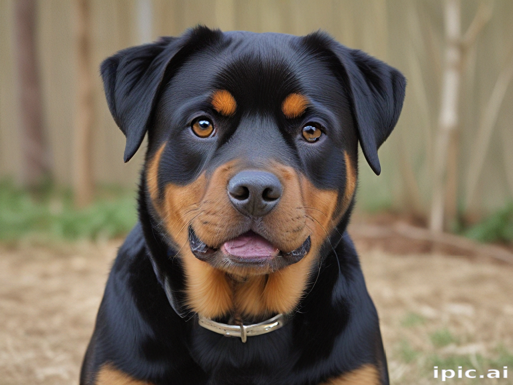 A Playful Rottweiler Puppy with a Charming Expression in a Garden Setting.