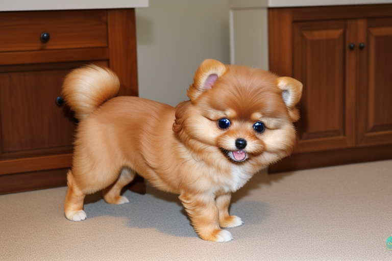 A Playful Pomeranian Puppy with Fluffy Fur and Bright Blue Eyes.
