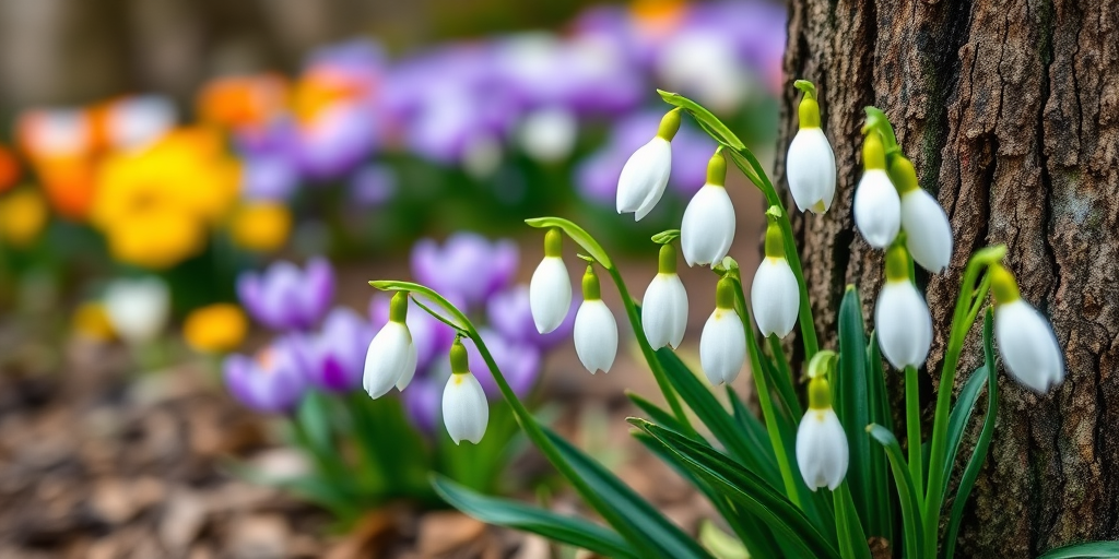 Delicate Snowdrops Blooming Amidst Vibrant Spring Flowers and Soft Colors