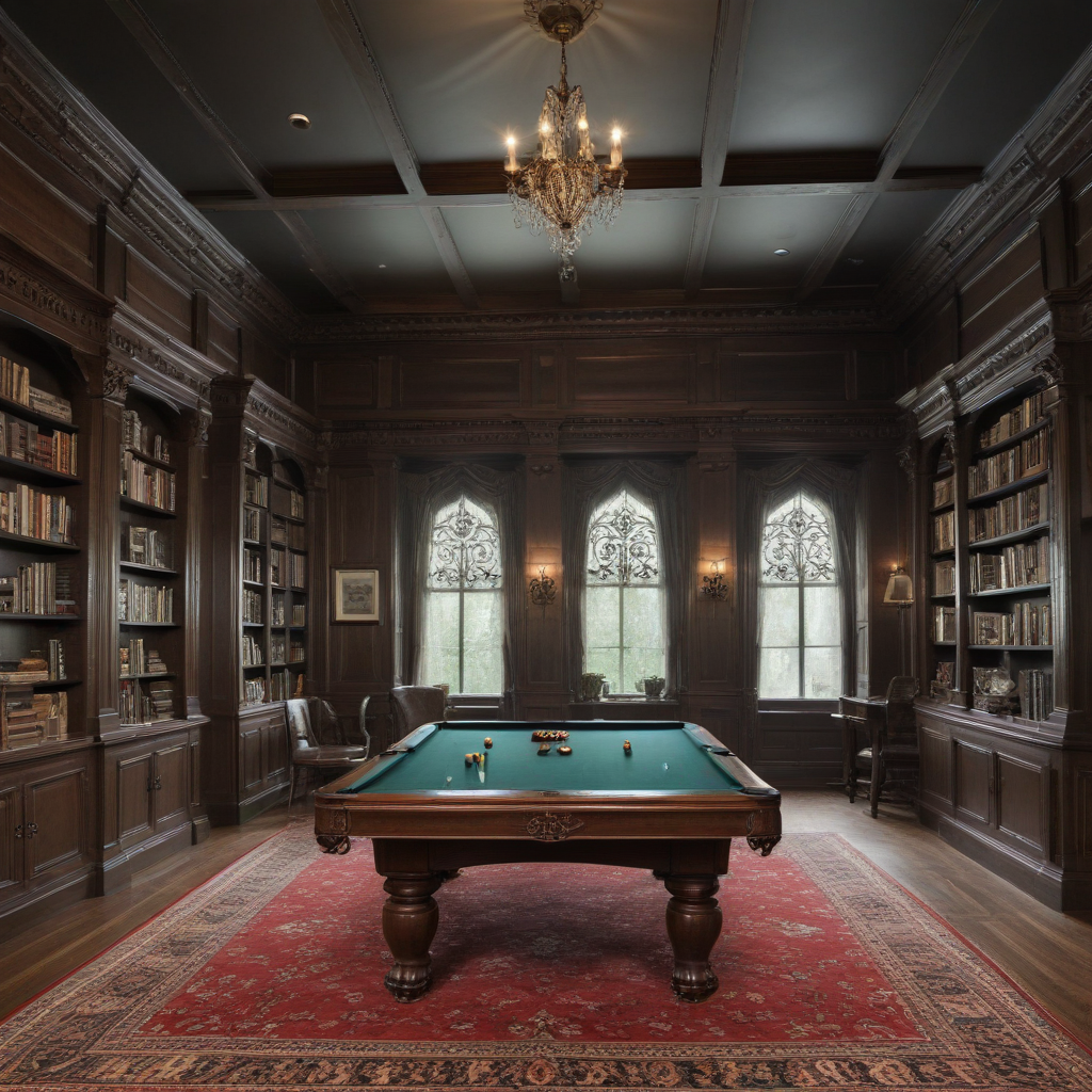 a elegance and luxury image of a game room and library in manor, gothic