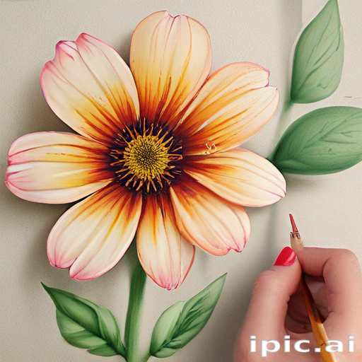Artistic Creation of a Vibrant Flower with Detailed Leaves and Brush