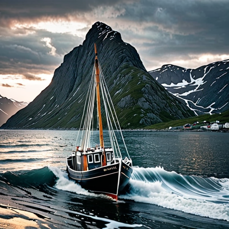 gray ancient norwegian fishing boat fighting the waves in shadow in the ...
