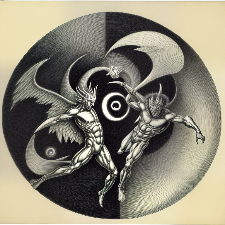 angel and demon fighting inside a yin yang