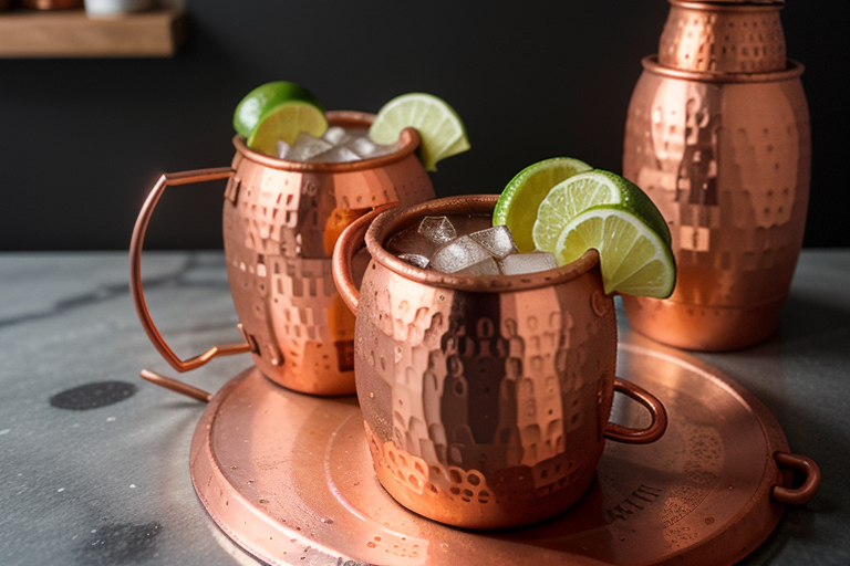 Refreshing Copper Mugs Filled with Ice and Lime Slices on a Tray
