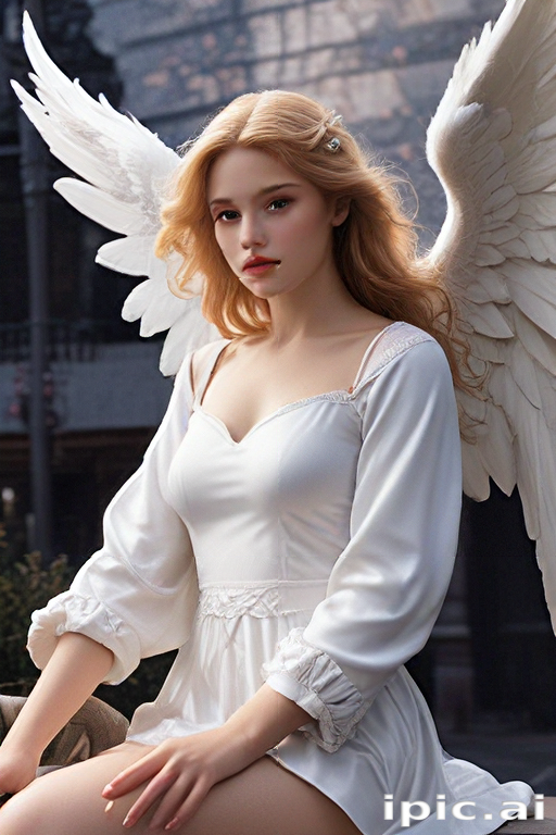 Enchanting Angelic Figure in a Flowing White Dress with Majestic Wings