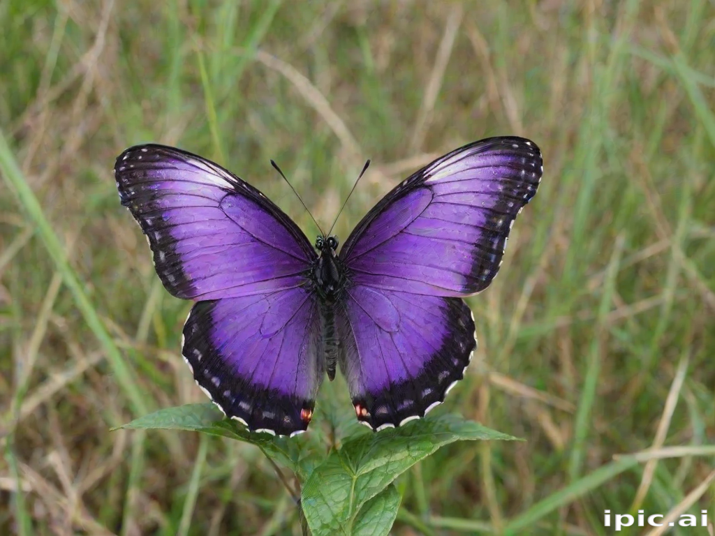 A Vibrantly Colored Purple Butterfly Resting Gracefully on Green Leaves
