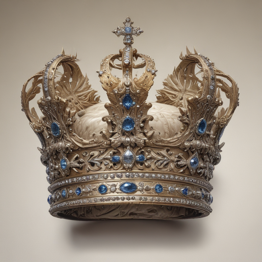 A Magnificent Crown Adorned with Blue Gemstones and Intricate Designs