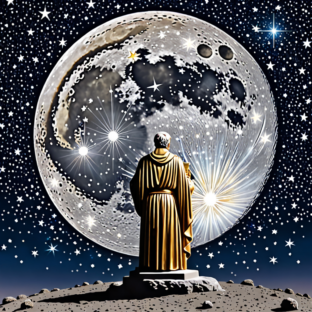 moon with Saint Peter on top of the moon with outer space full of ...