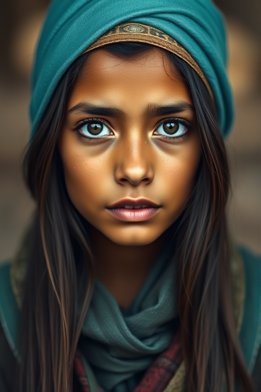 Portrait of a Young Girl with Striking Eyes and Traditional Headwear