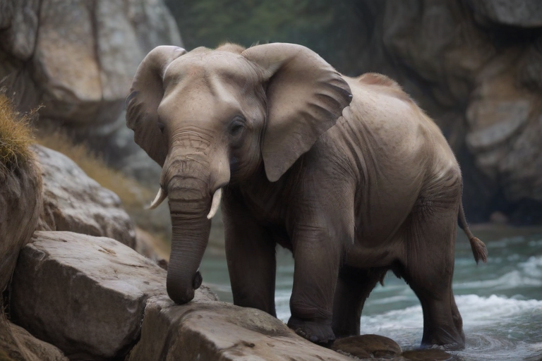 Elephant with mussel appearance on a rock