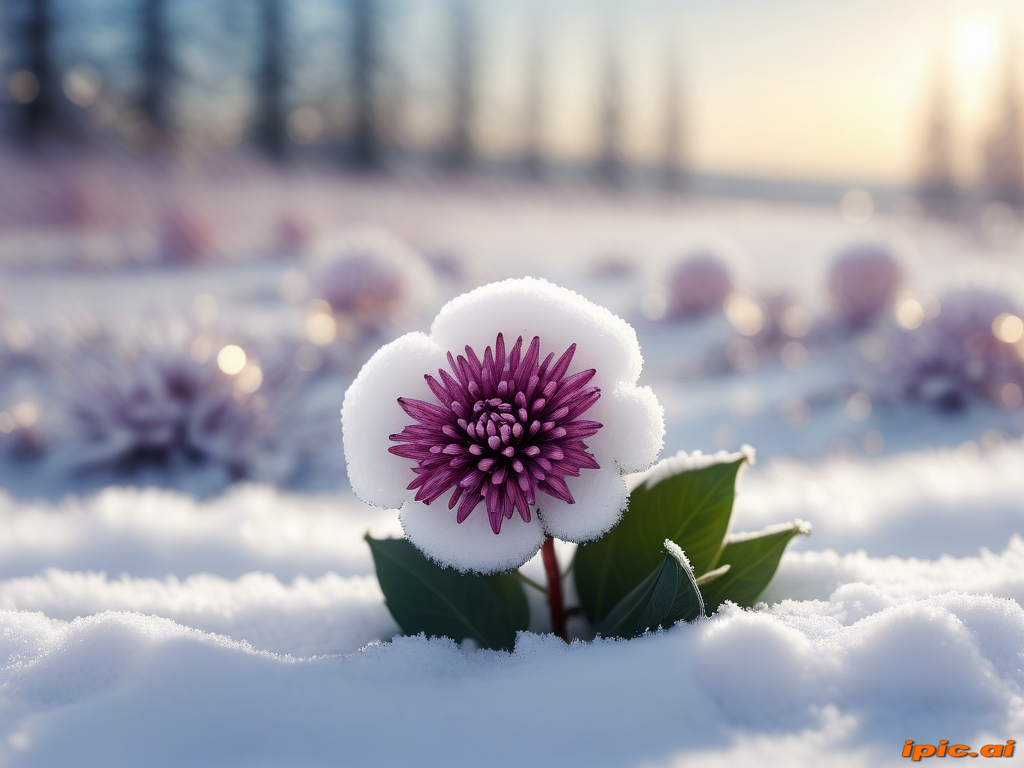 Beautiful Purple Flower Blooming Through Fresh Snow on a Winter Day