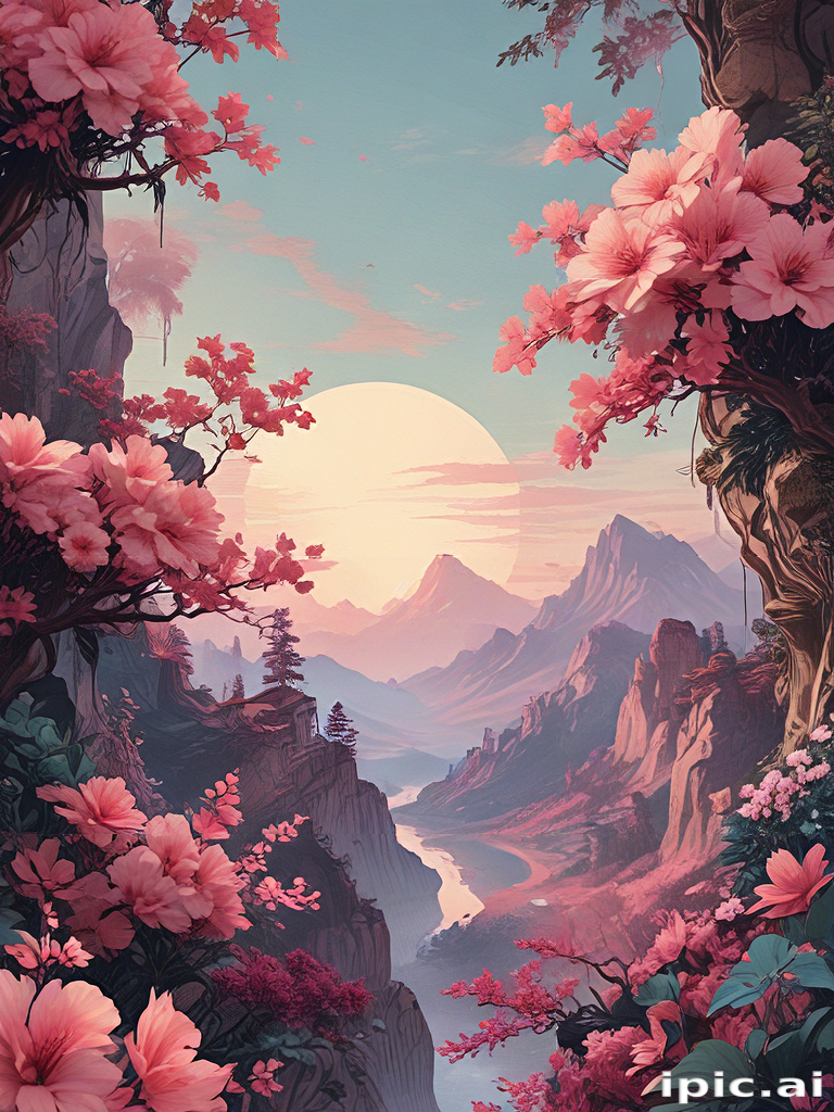 Serene Landscape of Blossoming Cherry Trees Beneath a Majestic Sunset.
