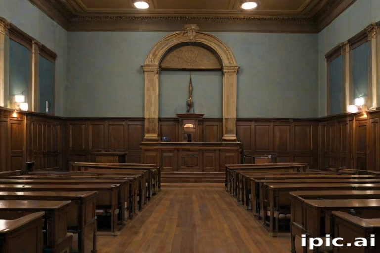 Elegant Courtroom Interior Featuring Wooden Benches and Grand ...