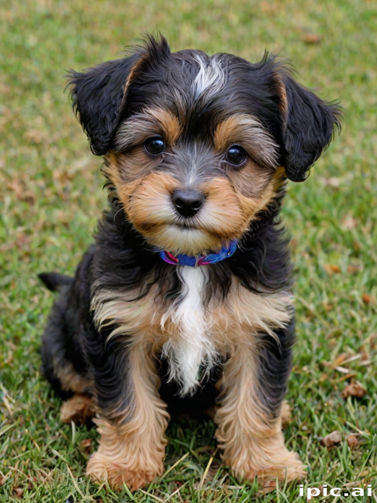 Adorable Small Puppy with Fluffy Fur Sitting on Green Grass