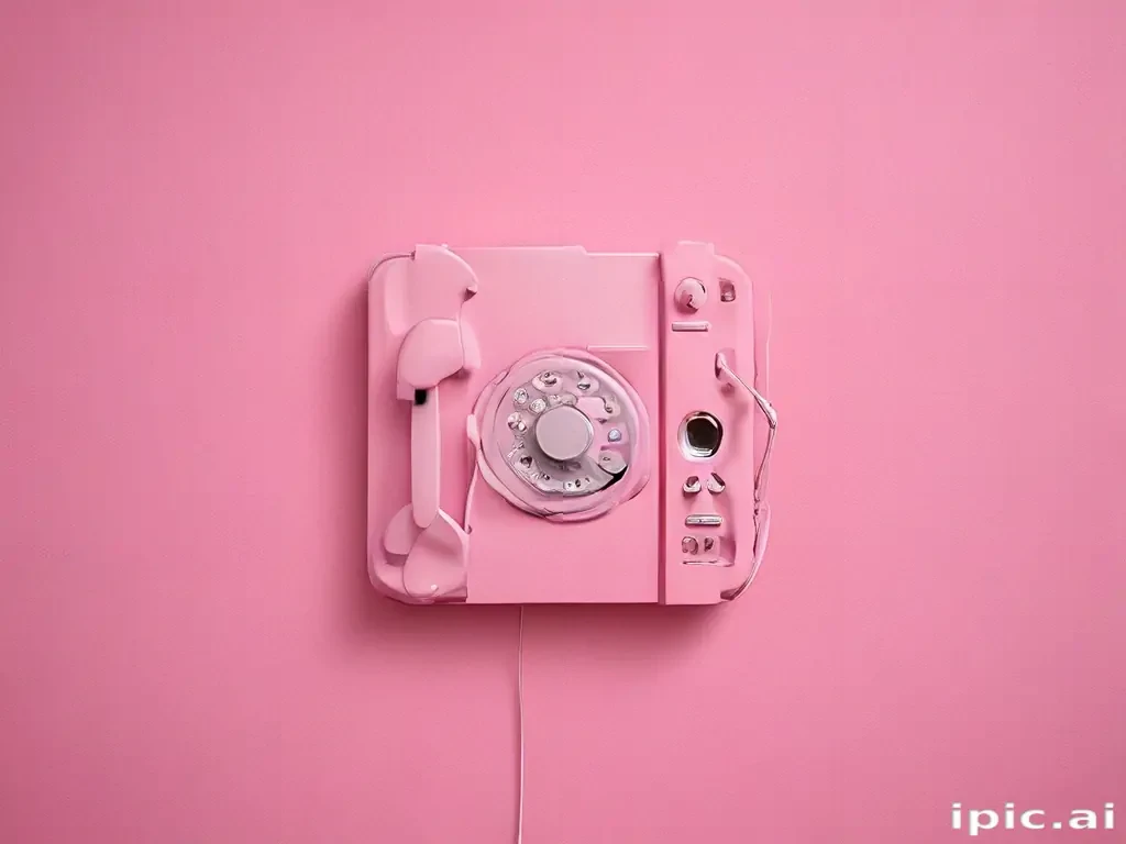 Vintage Pink Rotary Phone Hanging on a Matching Pink Wall Background