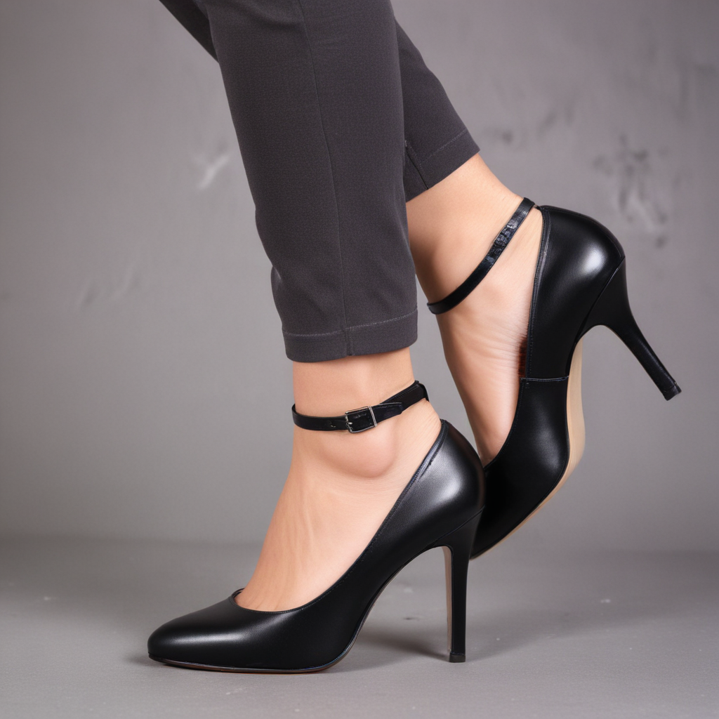 Pieds dans escarpins hauts talons aiguilles cuir noir