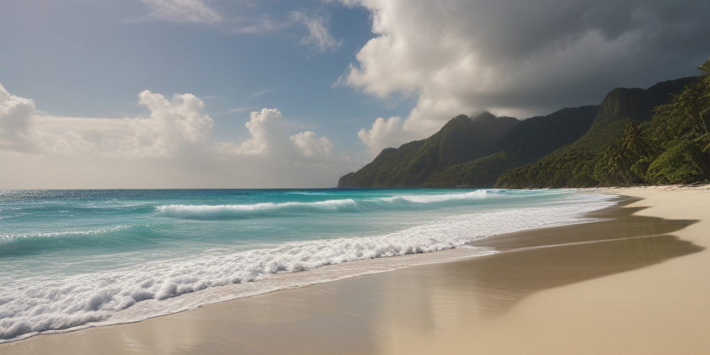 Tranquil Beach Scene with Gentle Waves and Lush Mountainous Backdrop
